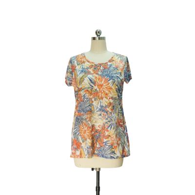 China Women's Tropical Floral Print Short Sleeve Burnout Tunic Top - Casual Blouse with Crew Neck for sale