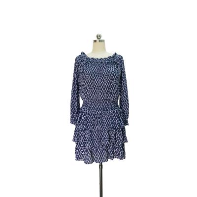 China Navy Diamond Print Off-the-shoulder Dress with Smocked Waist and Tiered Ruffled Layers for sale