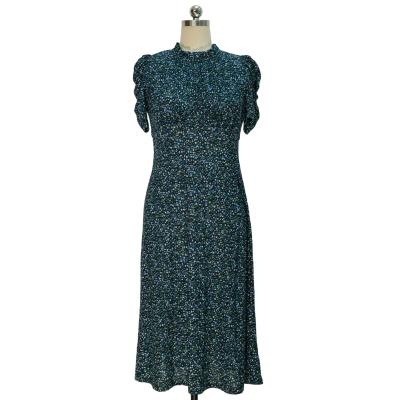 China Dark Green Ditsy Floral Print Midi Dress with Puff Sleeves for sale