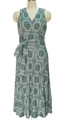 China Teal Medallion Print Sleeveless Wrap Midi Dress with Lightweight Soft Fabric for sale