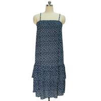 China Navy Diamond Print Tiered Ruffled Hem Midi Dress with Lightweight Fabric and Spaghetti Straps for sale
