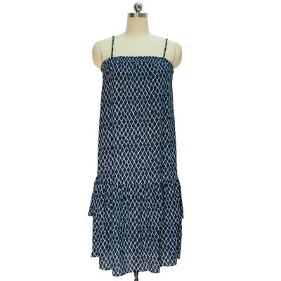 China Navy Diamond Print Tiered Ruffled Hem Midi Dress with Lightweight Fabric and Spaghetti Straps for sale