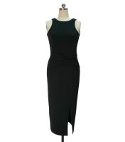 China Sleeveless Black Midi Dress with Twisted Ruched Waist and Asymmetrical Front Slit for sale
