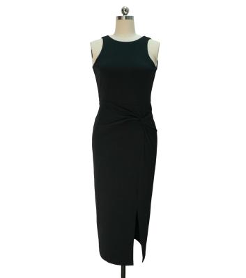 China Sleeveless Black Midi Dress with Twisted Ruched Waist and Asymmetrical Front Slit for sale