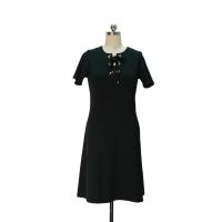 China Short-sleeve black A-line dress with eyelet lace-up detail soft smooth fabric and loose flowy skirt for sale