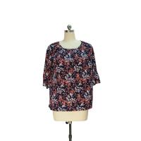 China Floral Print Blouse with Square Gathered Neck and Flared 3/4 Sleeves in Navy Blue for sale