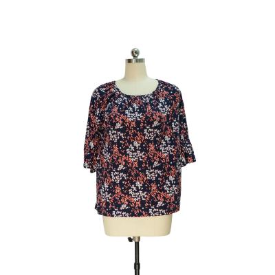 China Floral Print Blouse with Square Gathered Neck and Flared 3/4 Sleeves in Navy Blue for sale