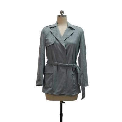 China Soft grey faux suede trench jacket with adjustable waist tie and classic lapel for a modern versatile look for sale