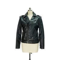 China Shiny Black PU Moto Jacket with Zipper Pockets and Waist Belt for Women for sale