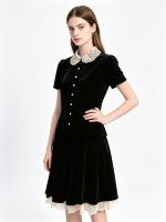 China Black velvet two-piece set with lace collar and hem in retro style for sale