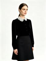 China Elegant black velvet blouse with cream lace collar, long puff sleeves for sale