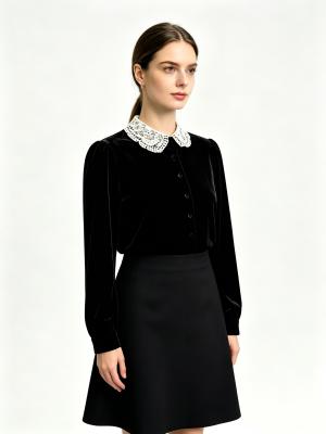 China Elegant black velvet blouse with cream lace collar, long puff sleeves for sale
