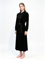 China Black velvet two-piece set with cropped zip-up hoodie and flowy midi skirt featuring front lace-up eyelet details for sale