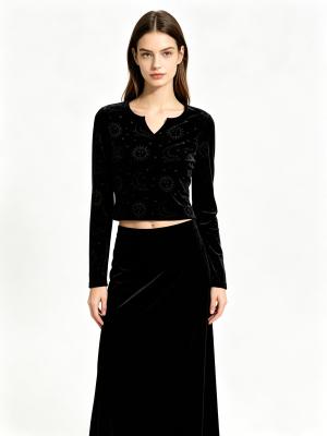 China Black Velvet Two-Piece Set with Celestial Embossed Pattern, Flowy Maxi Skirt, and Notch Neck for Glamorous Evening Wear for sale