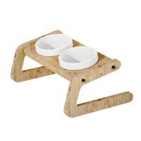 China Rounded Elevated Double Bowls Cat Small Dog Pet Food Water Feeder Bowl With Bamboo Stand for sale