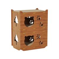 China Brown Wooden Cat Bed Nest with Animal Pattern Portable Cat House Bed Wooden for sale