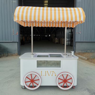 China Custom Ice Cream Push Vending Cart With Freezer Mobile Italian Gelato Trolley Cart for sale