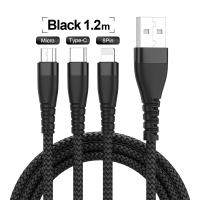 China 3 In 1 Nylon Braided USB Cable Flexible Phone Charging 3A 1.2M For Iphone Samsung for sale