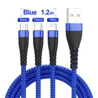 China 3 In 1 Nylon Braided USB Cable Flexible Phone Charging 3A 1.2M For Iphone Samsung for sale