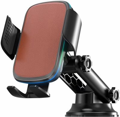 China Leather Qi Wireless Car Charger Auto Clamping Mount 15W For Iphone 13 for sale