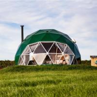 China Dark Green Glamping Geodesic Dome Tent Material PVC Canvas 6m Prefab Tent for sale