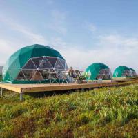 China Dark Green Glamping Geodesic Dome Tent Material PVC Canvas 6m Prefab Tent for sale