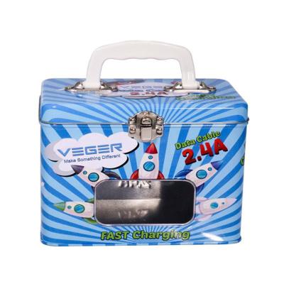 China High Quality Rectangle Shape Suitcase Tin Box with Handle Custom Metal Lunch Box with Handle with Window Packaging Box for sale