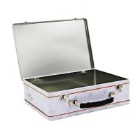 China Custom Rectangle Shape Suitcase Tin Box Metal Lunch Tin Can with Lock and Plastic Handle Gift Packaging Tin Box for sale