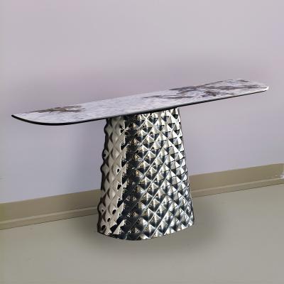 China Reflective Concave Convex Mirror Console Table 1270mm Ceramic Marble Stainless Steel Base for sale