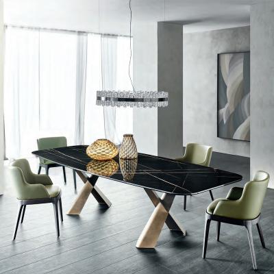 China Modern Luxe X Base Ceramic Marble Dining Table 2400x1100x750mm Stainless Steel for sale