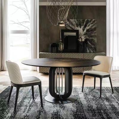 China Vintage Recycled Ceramic Marble Top Round Dining Table 135cm Black Steel Base for sale
