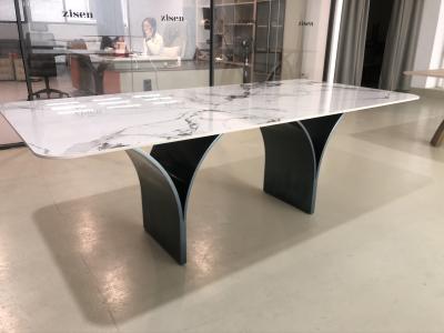 China Modern Ceramic Marble Top Dining Table and Chairs Set 220x100x75 cm Steel Base for sale