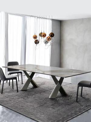 China Modern Ceramic Marble Dining Table Set 240x110x75 cm Steel Brass Base for sale