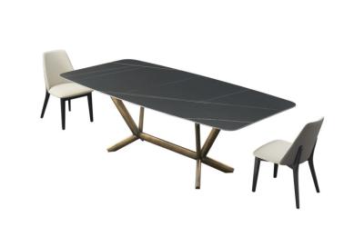 China Luxury Dining Table Set with Ceramic Marble Top 200x100x75 cm Stainless Steel Bronze Leg for sale