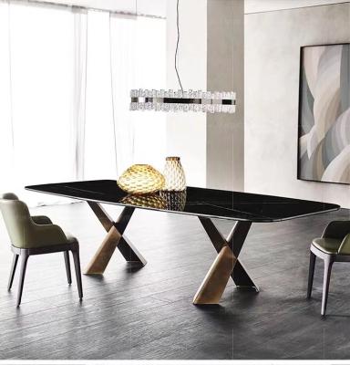 China Modern Luxury Sintered Stone Dining Table 240x110x75cm Ceramic Marble Top Gold Base for sale