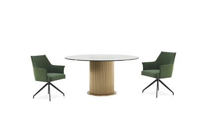 China Tempered Glass Top Dining Table Set 150cm Round Modern Design with Brushed Champagne Gold Base for sale