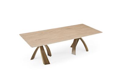 China 240cm Ceramic Wooden Top Dining Table Set with Steel Brass Base for Living Room for sale