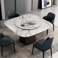 China Ceramic Marble Dining Table 150x150cm Stainless Steel Brushed Bronze Base for sale