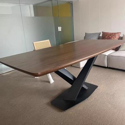 China MDF Dining Table Set for 6 Persons 200x100x75 cm Walnut Veneer Steel Base for sale