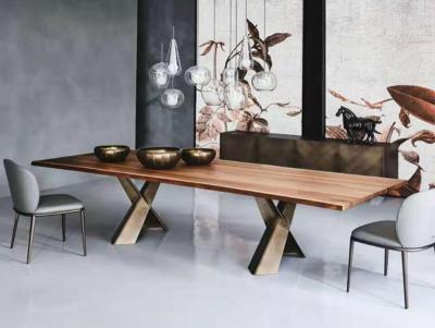 China Luxury 8-Seater Dining Table Set 200x100x75 cm MDF Walnut Veneer Steel Brass Leg for sale