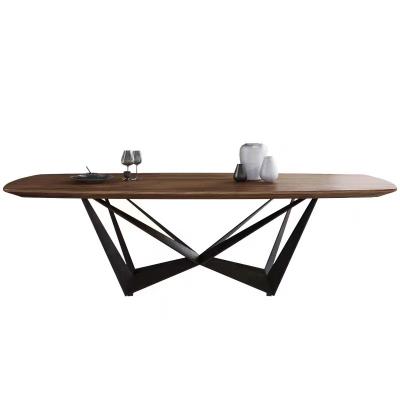 China Luxury Modern Wood Dining Table 220x100x75 cm MDF Walnut Veneer Black Metal Legs for sale