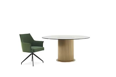 China Round Clear Tempered Glass Dining Table Set 1500mm with Champagne Gold Base for Restaurant for sale