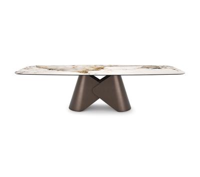 China Modern Luxury Rectangle Dining Table 220x100x75cm Ceramic Marble Top Brass Steel Base for sale