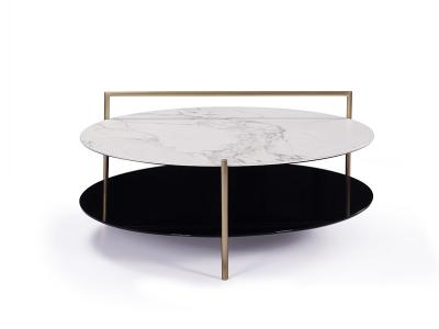 China Modern Iron Glass Coffee Table 100cm White Ceramic Marble Top Stainless Steel Base Living Room Furniture for sale