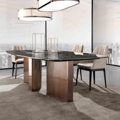 China Luxury Natural Marble Dining Table 250x120x75mm Rose Gold Stainless Steel Base for Hotel Restaurant for sale