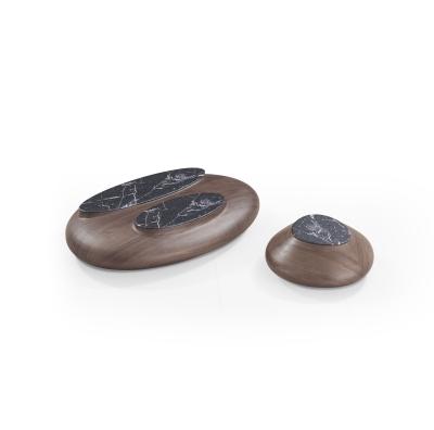 China Modern Walnut Wood Oval Marble Coffee Table 90cm Center Table with Veneered Finish for sale