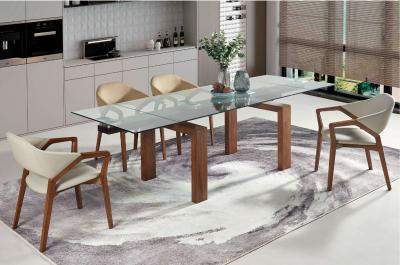 China Modern Extendable Dining Table Set 160 220 cm Tempered Glass Top Steel Base for sale
