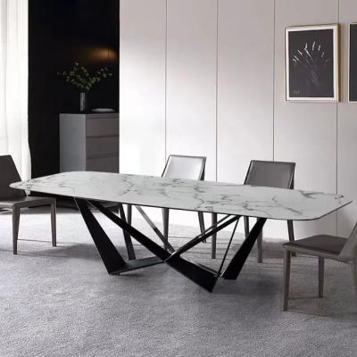 China Luxury Modern Rectangular Ceramic Marble Dining Table 220x100x75cm Steel Base for sale