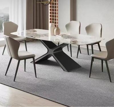 China Modern Ceramic Marble Top Dining Table Set 200x100x75 cm Steel Base for 6-8 Persons for sale