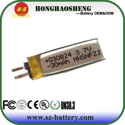 China 30mAh Ultra Thin Rechargeable Lithium Polymer Battery 3.7V HHS 030824 for sale